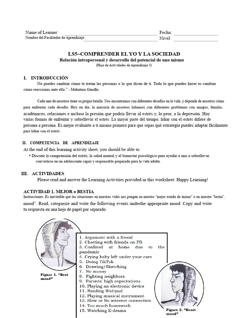 Hoja de Actividades de Aprendizaje 5 de ALS LS5 | PDF | Estrés (biología) | Salud mental