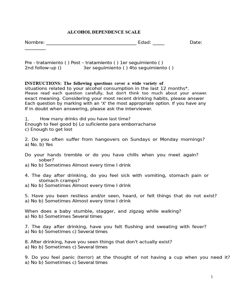 Alcohol Dependence Assessment Tool | PDF | Alcoholism | Alcohol