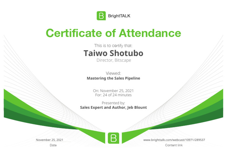 Brighttalk Viewing Certificate Mastering The Sales Pipeline | PDF