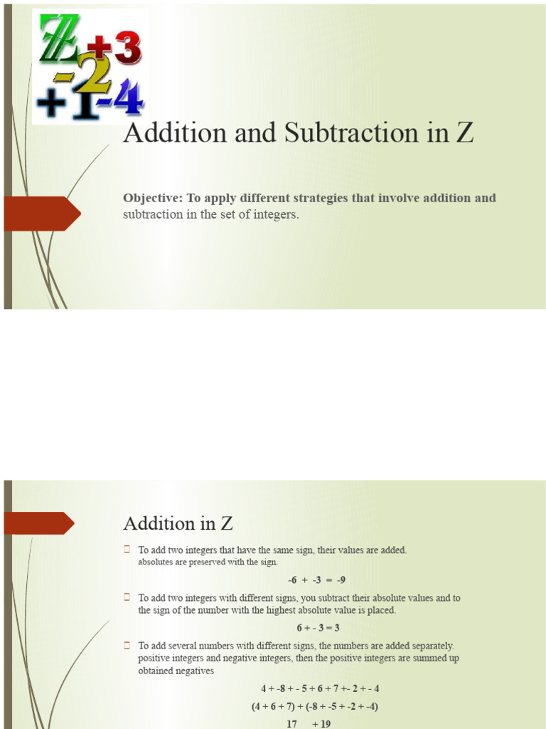 Addition and Subtraction in Z.pptx | PDF | Subtraction | Mathematical ...