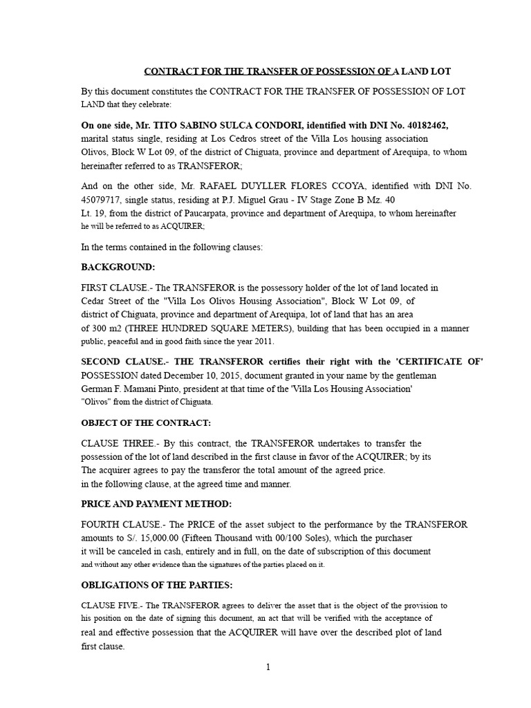 Model of Contract For The Transfer of Possession of A Land Lot | PDF ...