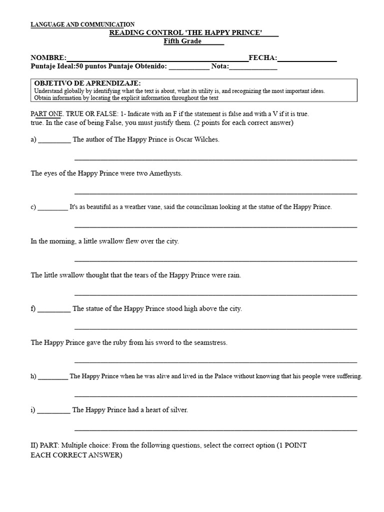 Happy Prince Reading Comprehension Test | PDF | The Happy Prince And ...