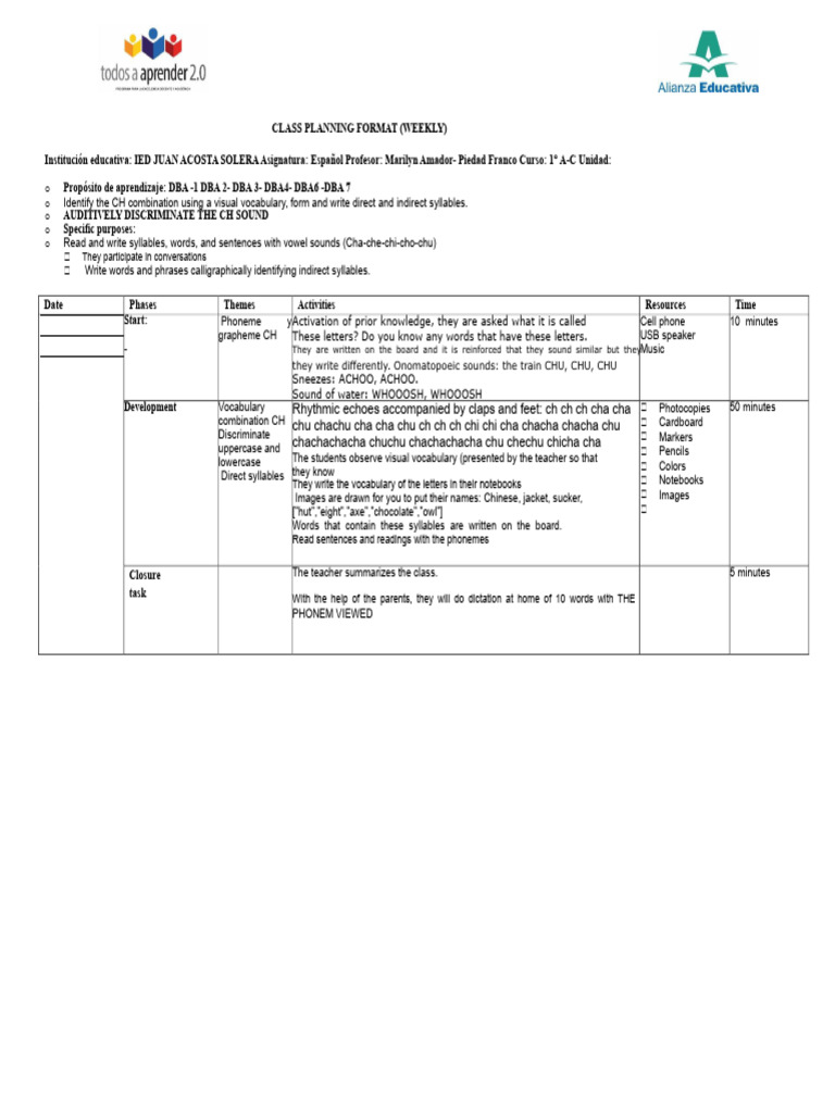 Phoneme CH Weekly Lesson Plan | PDF | Phonetics | Human Communication