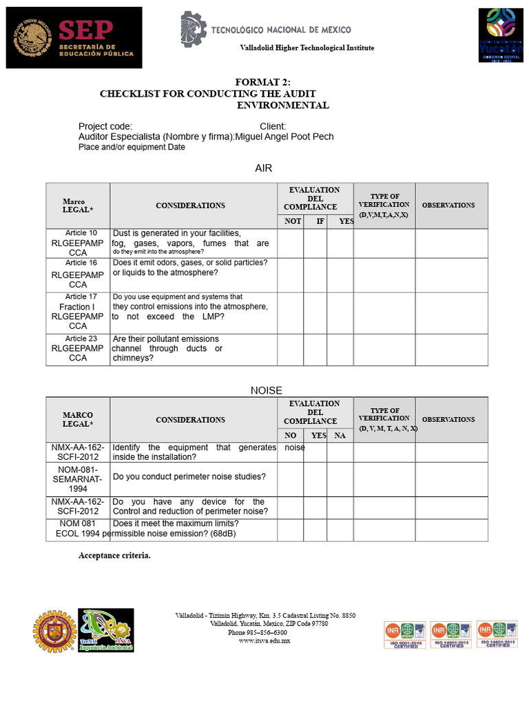 Example of Checklists For Environmental Audits Regarding Air and Noise ...