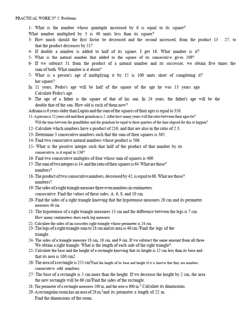 PRACTICAL WORK N°5 - Problems With Quadratic Equations. | PDF | Area ...