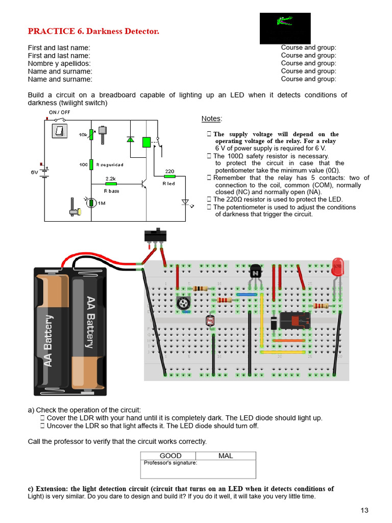 practice 6 darkness detector | PDF | Relay | Electrical Network