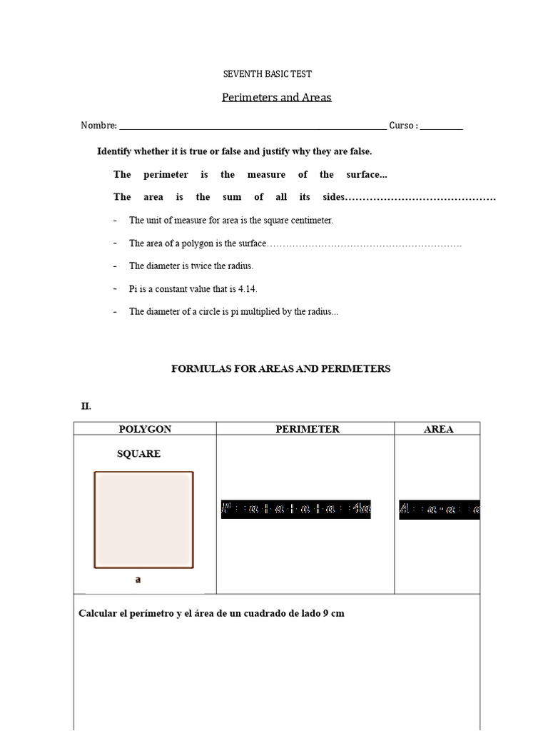 Test 7th Perimeters and Areas | PDF | Area | Geometric Shapes