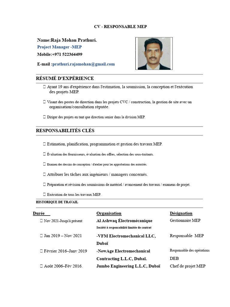 CV Responsable MEP - Raja Mohan Prathuri | PDF | Business