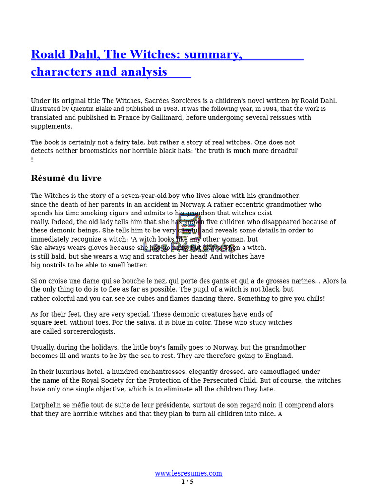 Roald Dahl's "The Witches" Summary, Characters, and Analysis | PDF