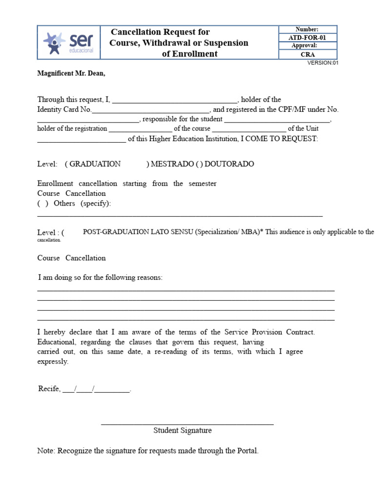 Atd-For-01 Course Cancellation Form Withdrawal or Suspension of ...