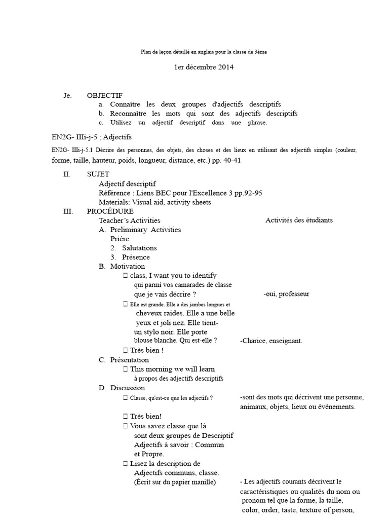 Leçon sur les adjectifs descriptifs en 3ème | PDF | Linguistique