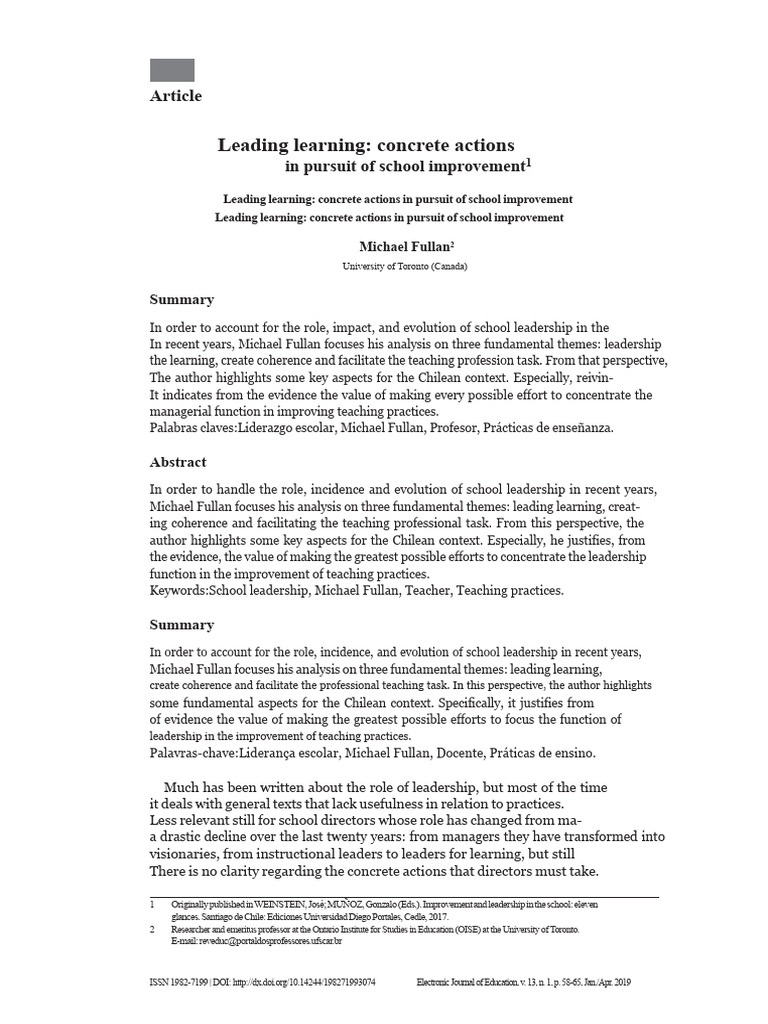 Leading Learning. Fullan 2019 | PDF | Teachers | Leadership