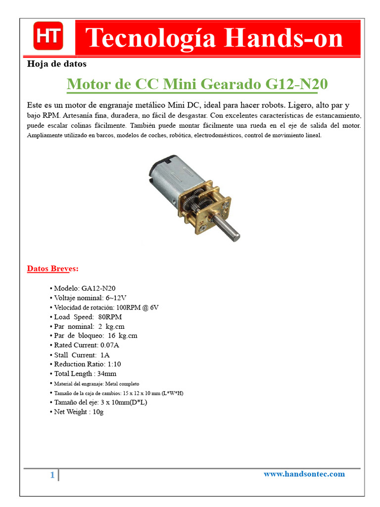 Motor CC Mini Gearado G12-N20 para Robótica | PDF