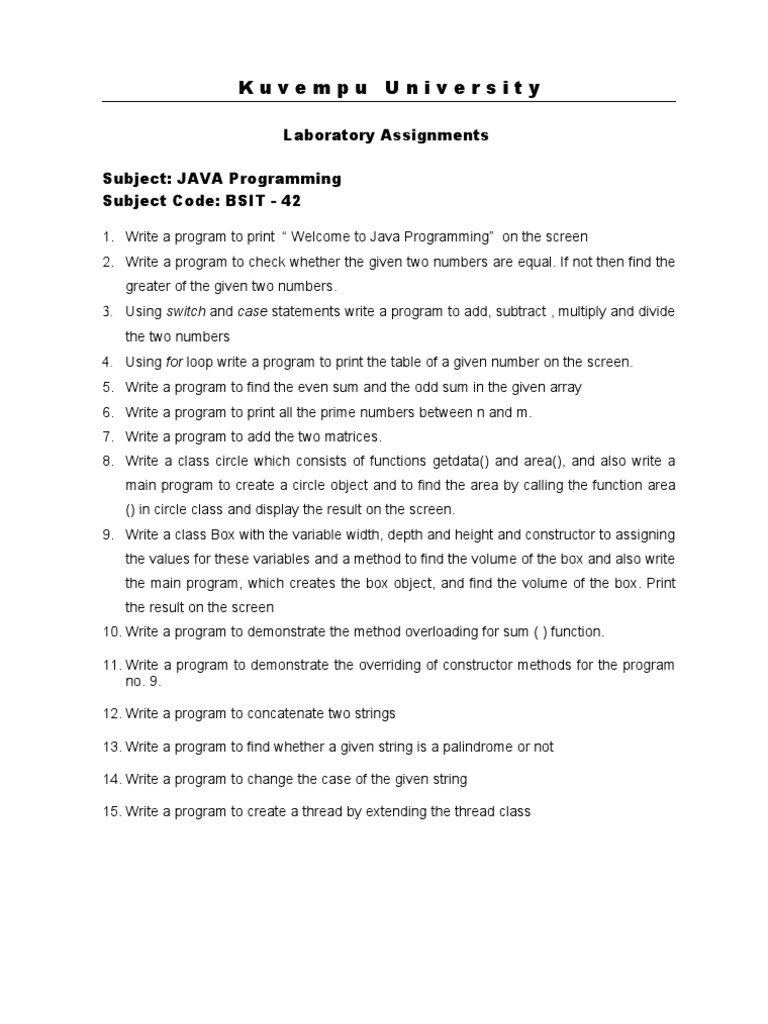 Kuvempu University Laboratory Assignments Subject Java Programming 9432