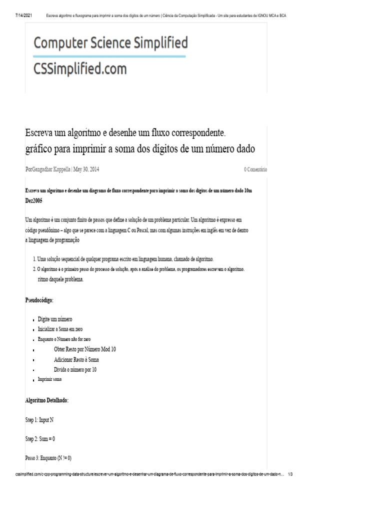 Escreva um algoritmo e um fluxograma para imprimir a soma dos dígitos de um número _ Computer ...