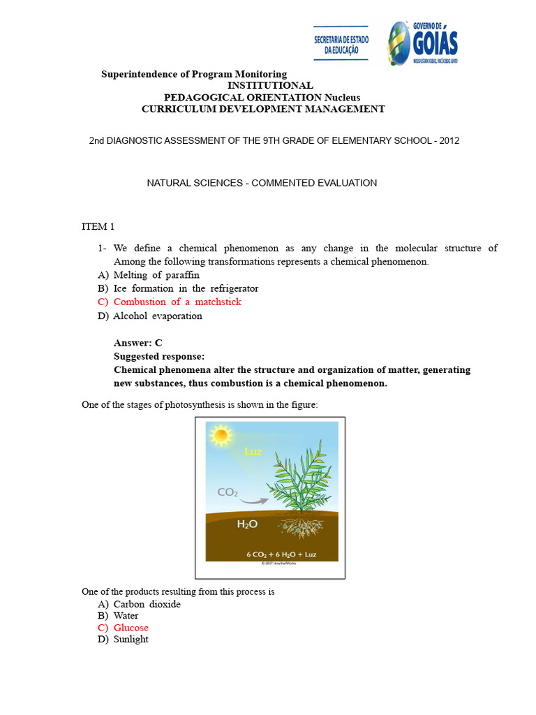 Diagnostic Assessment - Science - 9th Grade SEE GOIAS | PDF | Chemical ...