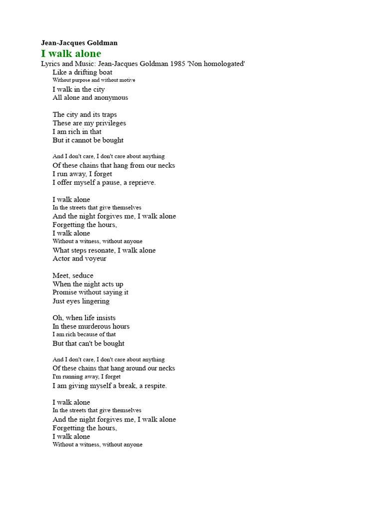"I Walk Alone Lyrics by Jean-Jacques Goldman" | PDF