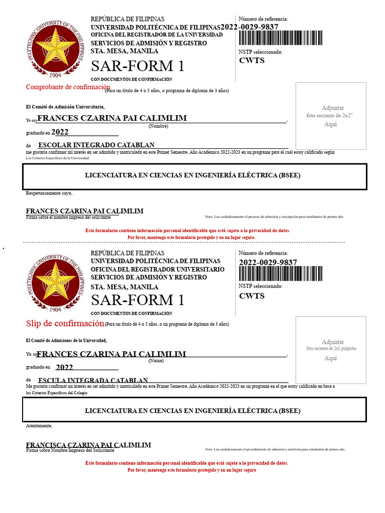 Confirmación de Admisión PUP 2022-2023 | PDF | Diploma