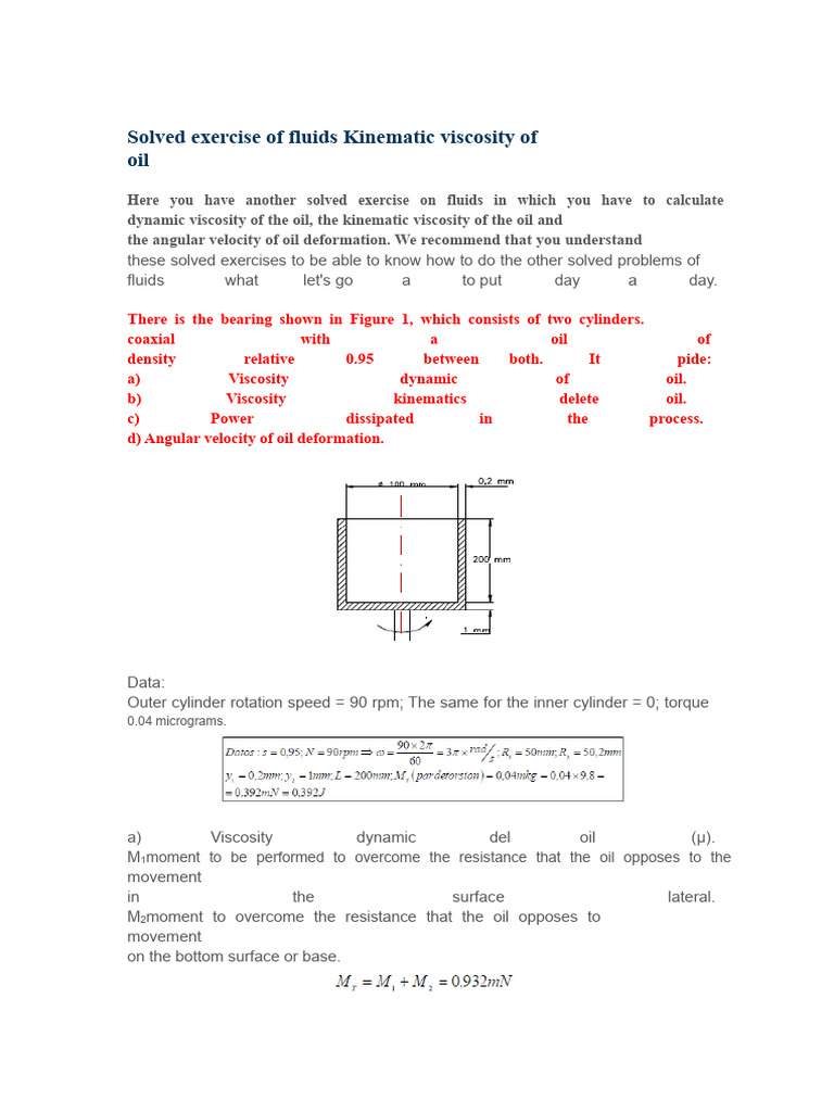 Solved exercise of fluids Kinematic viscosity of oil.docx | PDF