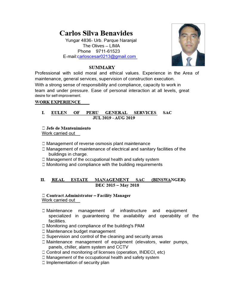 Resume Carlos Silva Benavides | PDF | Occupational Safety And Health