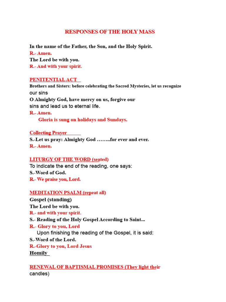 Responses for Holy Mass Ceremony | PDF | Mass (Liturgy) | Eucharist