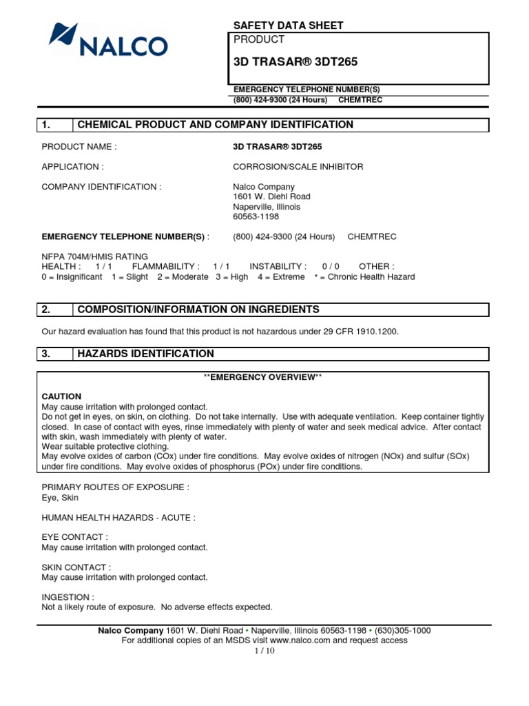 3D TRASAR® 3DT265: Safety Data Sheet