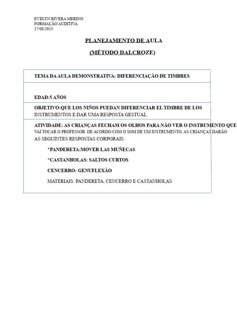 PLANEJAMENTO DE AULA UTILIZANDO O MÉTODO DALCROZE | PDF