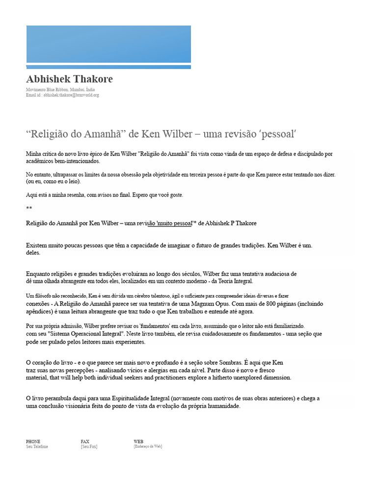 Religião Do Amanhã de Ken Wilber A Pe | PDF