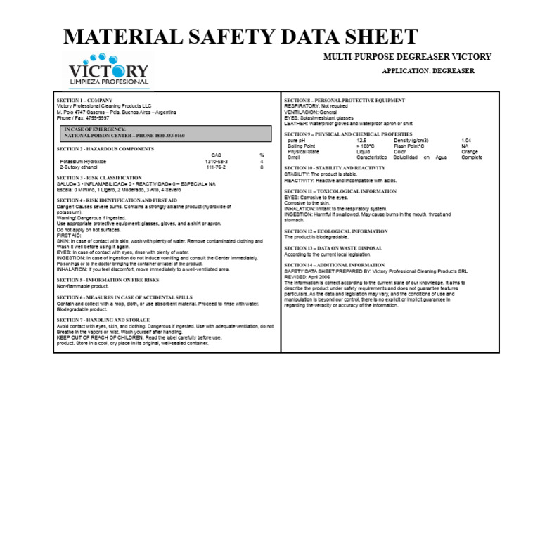 MSDS - Victory Multi-Purpose Degreaser | PDF | Personal Protective ...