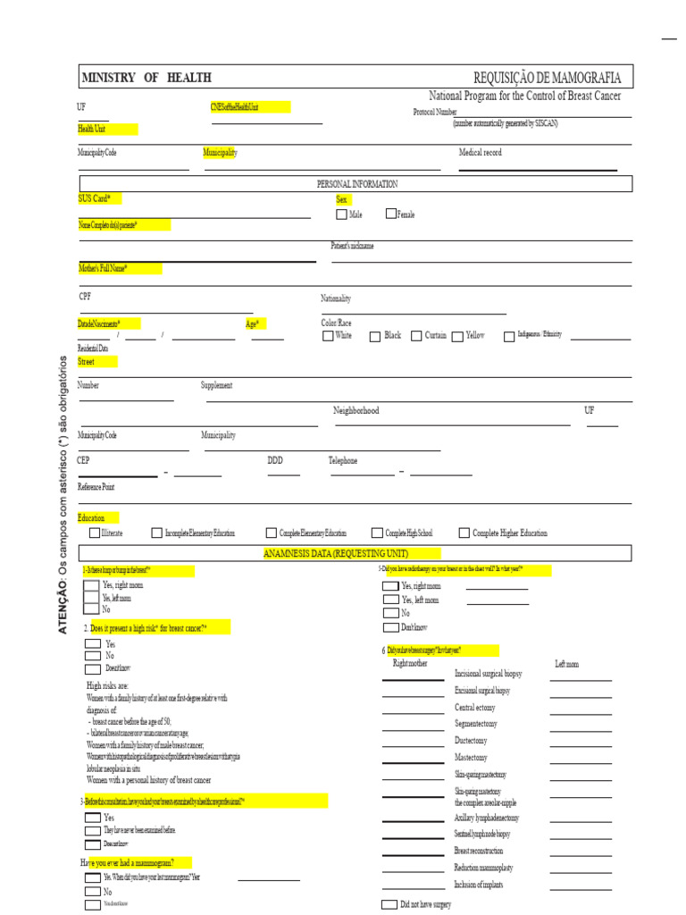 Form For Mammography Requests (With Highlights) | PDF | Mammography ...