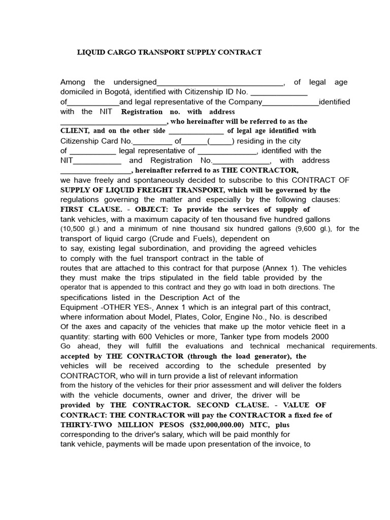 Liquid Cargo Transport Supply Contract | PDF | Insurance | Transport