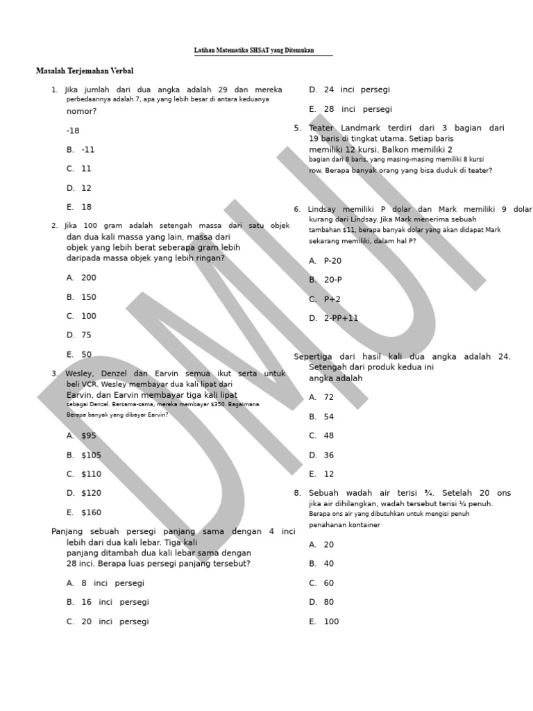 Latihan Matematika SHSAT: Soal dan Jawaban | PDF