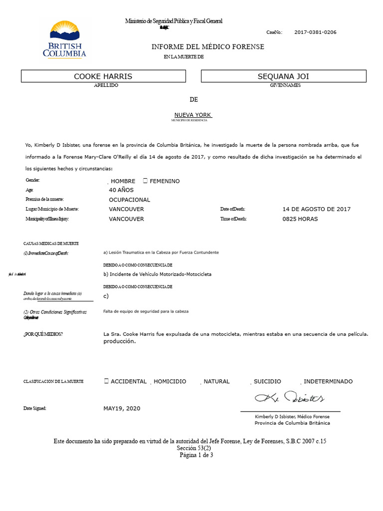 Informe Del Forense: Sequana Joi Cooke Harris | PDF | Motocicleta