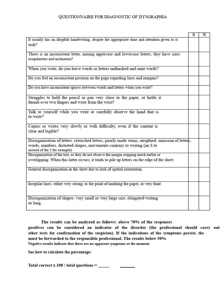 Dysgraphia Diagnostic Questionnaire | PDF