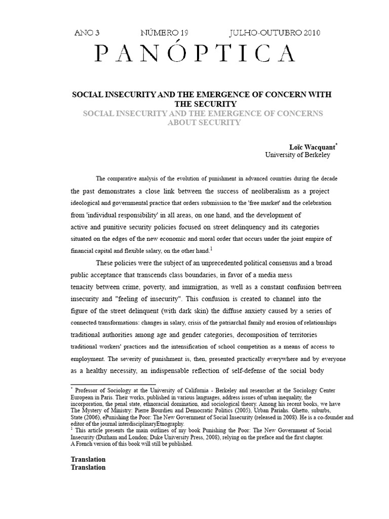WACQUANT, Loic. Social Insecurity and The Emergence of Concern For ...