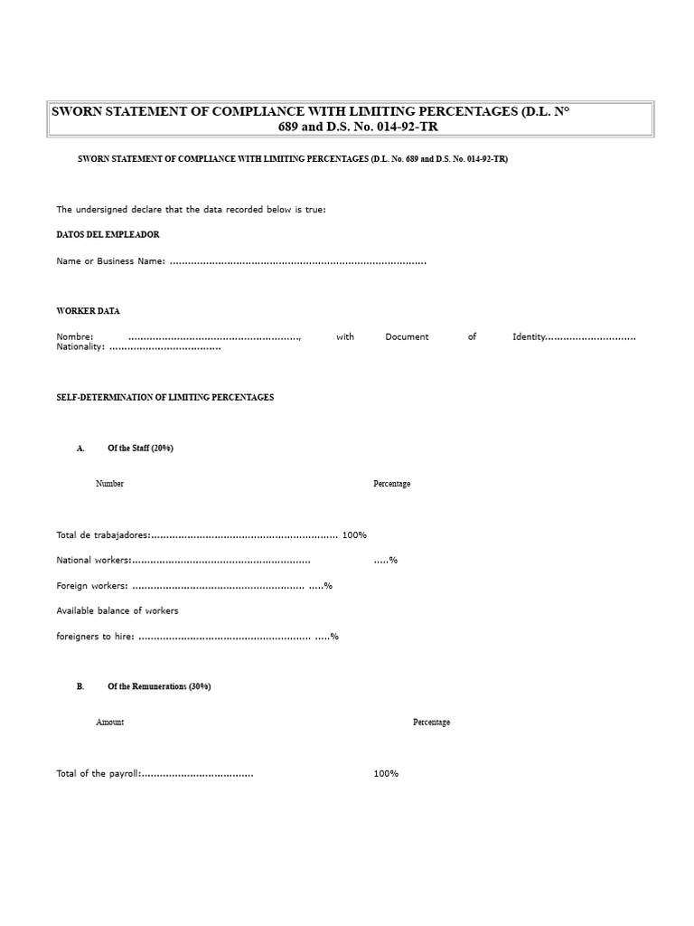SWORN DECLARATION OF COMPLIANCE WITH THE LIMITING PERCENTAGES (D.L ...