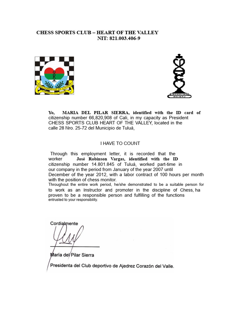 Labor Letter From The Chess Club Corazon Del Valle | PDF