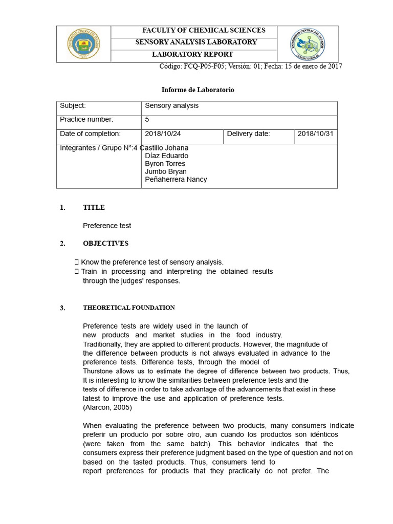 Report 5 - Preference Test | PDF | Perception | Sampling (Statistics)