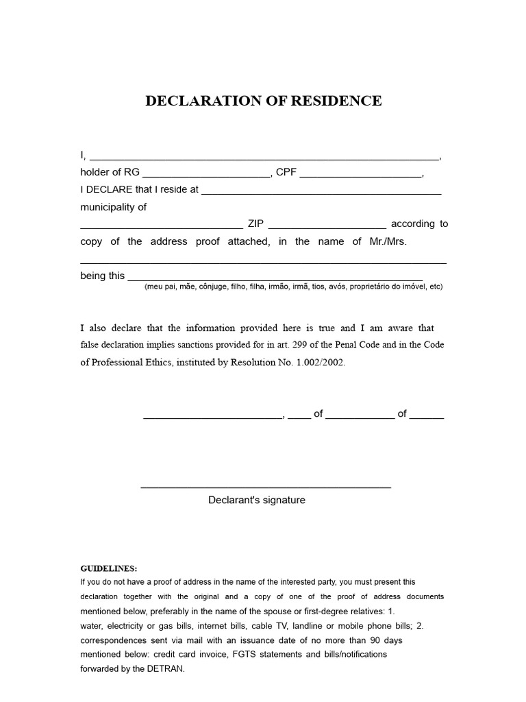 Residence Declaration Template | PDF