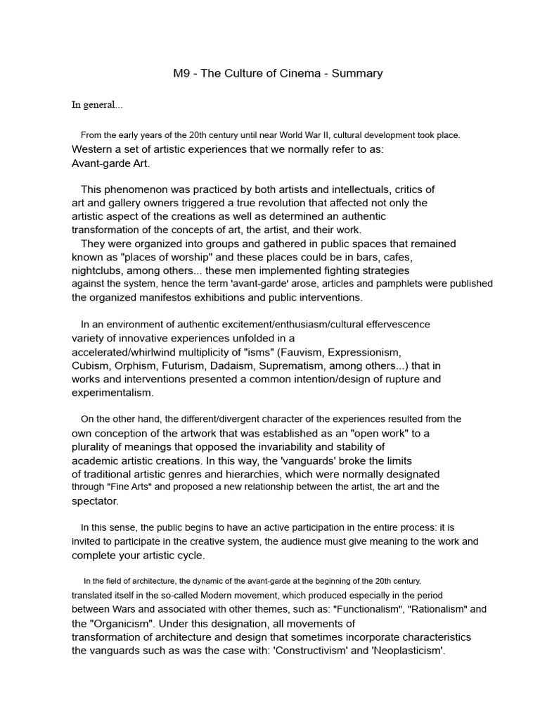 M9 - The Culture of Cinema - Summary | PDF | Cubism | Abstract Art