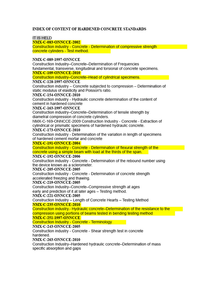 Index of Content of Hardened Concrete Standards | PDF | Concrete ...