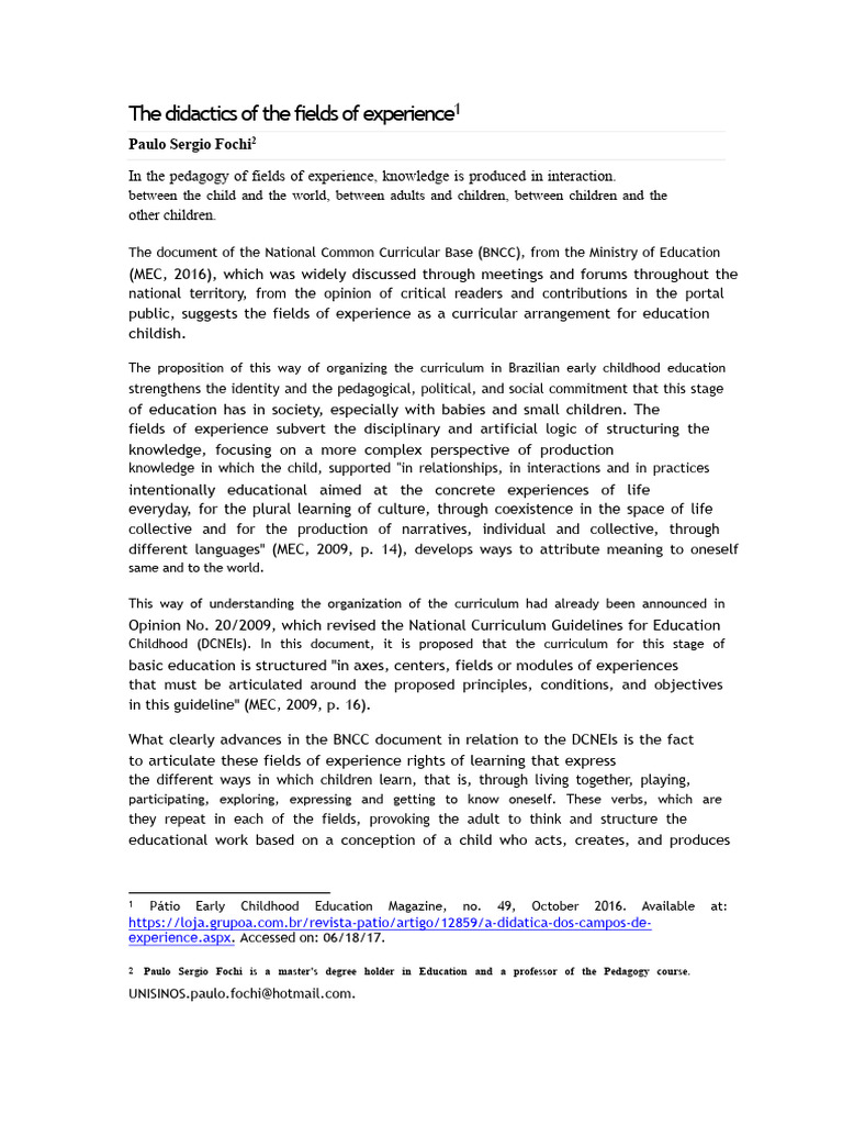 The Didactics of Fields of Experience - Paulo Fochi | PDF | Experience ...