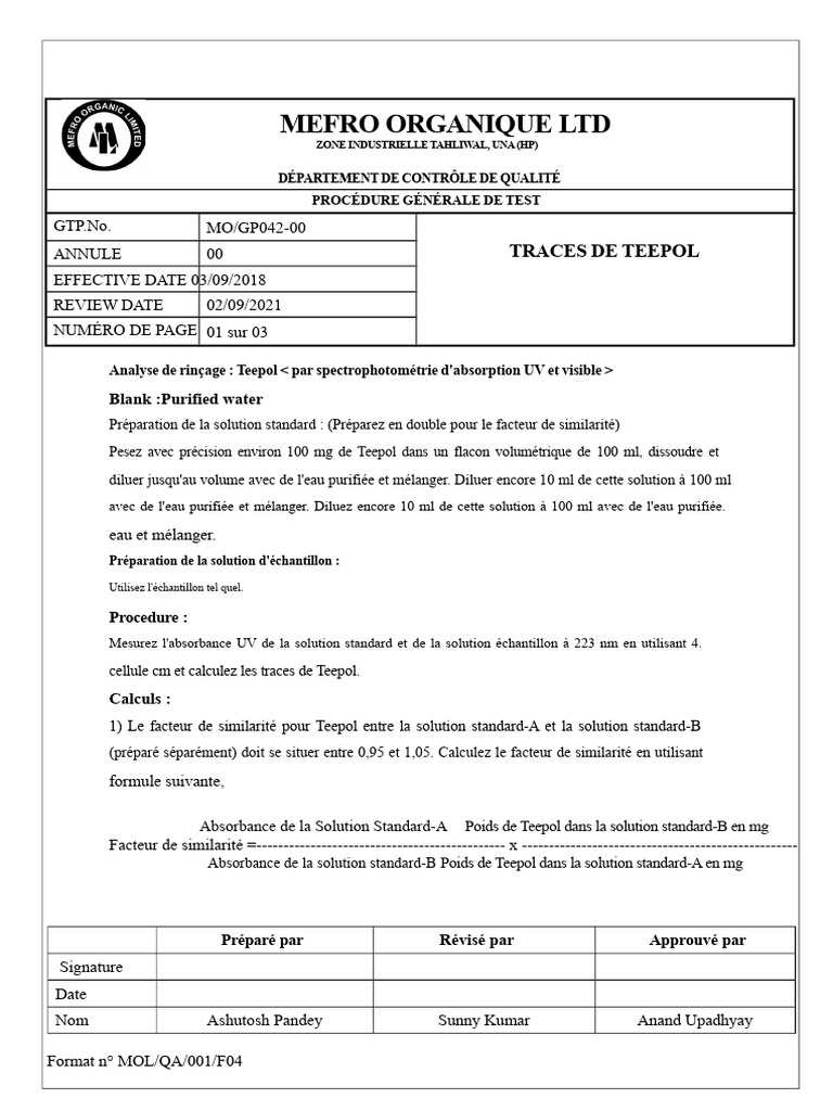 Procédure de Test des Traces de Teepol | PDF | Chimie analytique ...