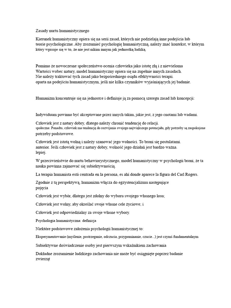 Zasady Nurtu Humanistycznego | PDF