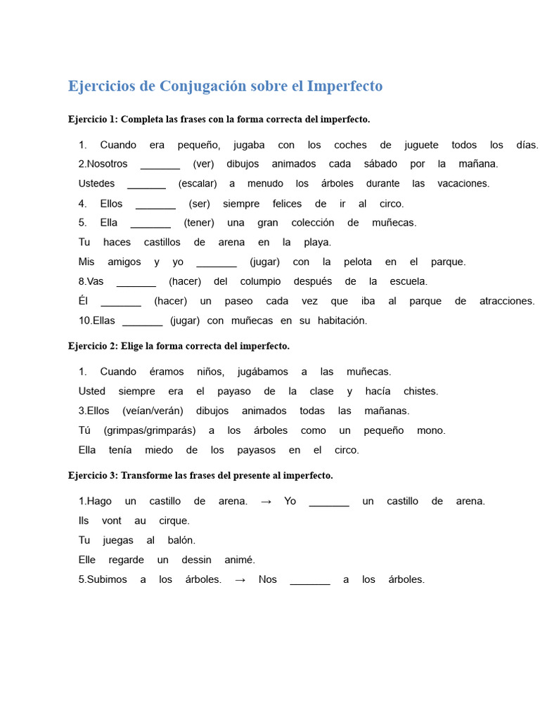 Ejercicios de Conjugación Sobre El Imperfecto: Ejercicio 1: Completa ...