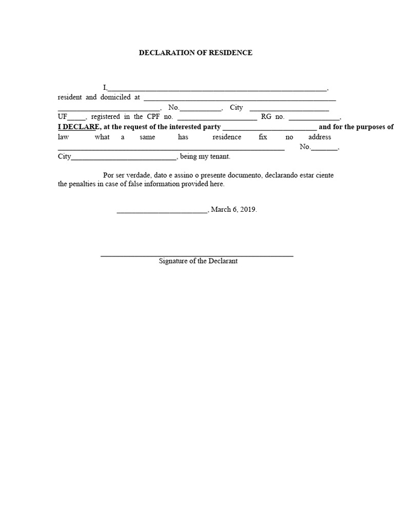 Declaration of Residence Document Template | PDF