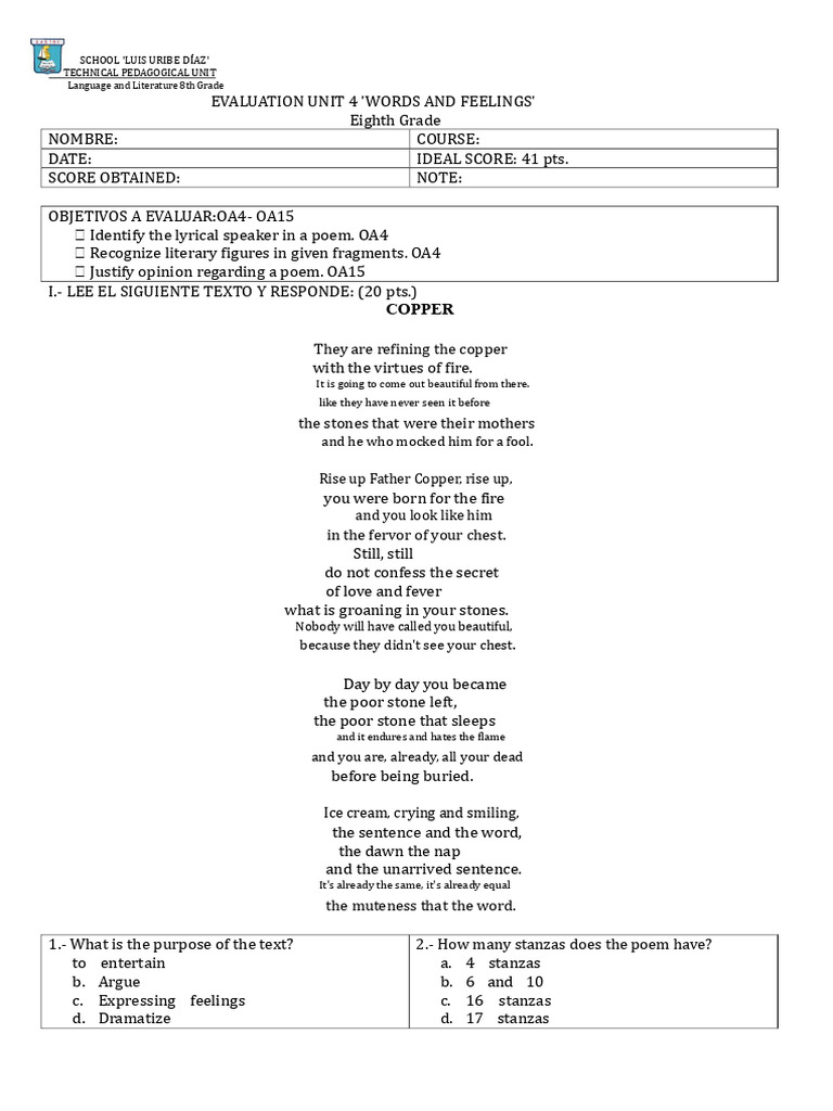 8th Grade Poetry Evaluation Guide | PDF | Poetry