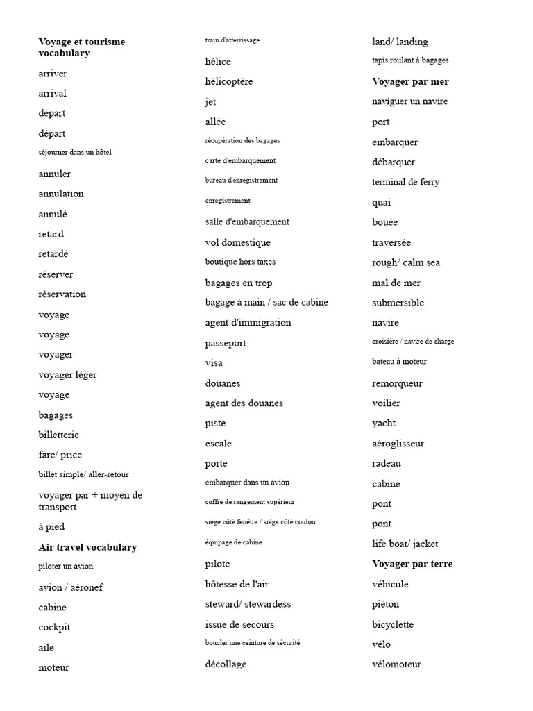 Vocabulaire essentiel du voyage et tourisme | PDF | Autobus | Aéroport