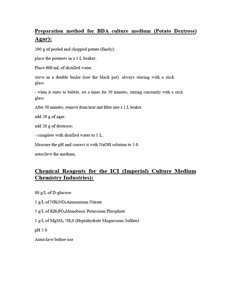 BDA Culture Medium Preparation Guide | PDF