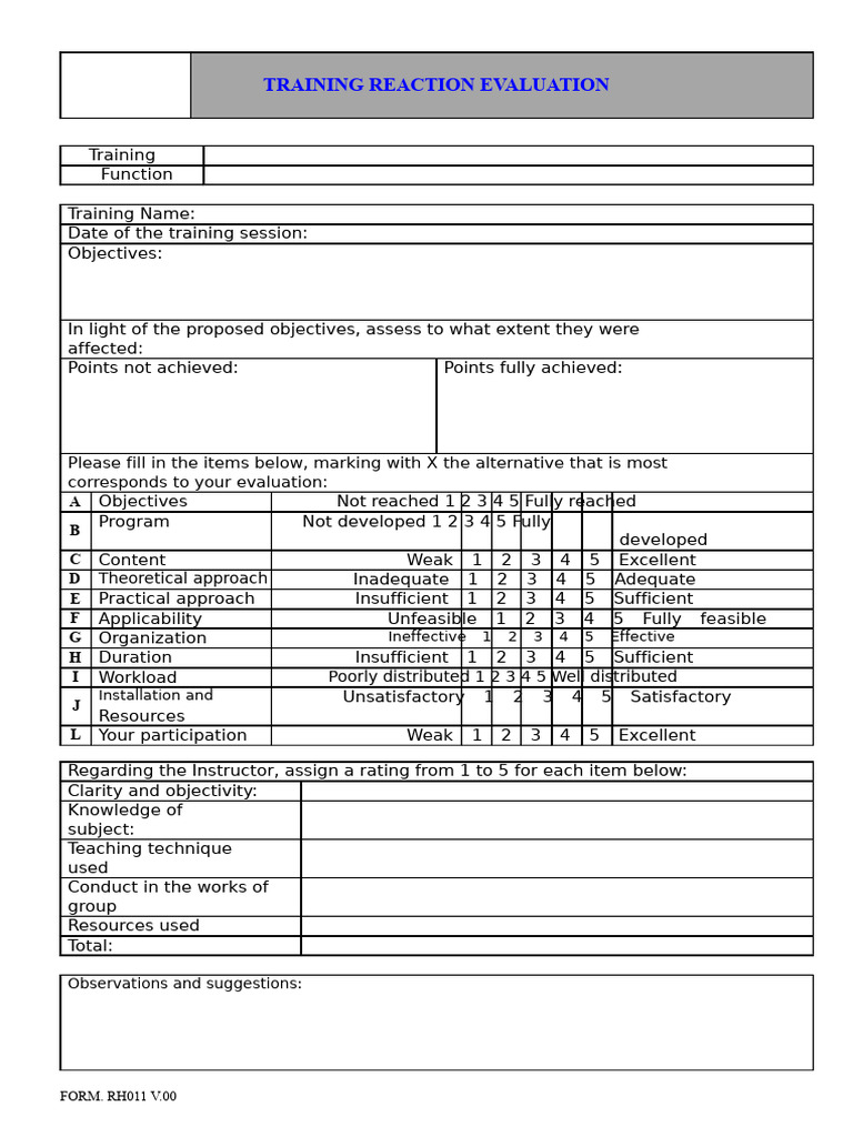 Form. RH011 V.00 Training Reaction Evaluation | PDF